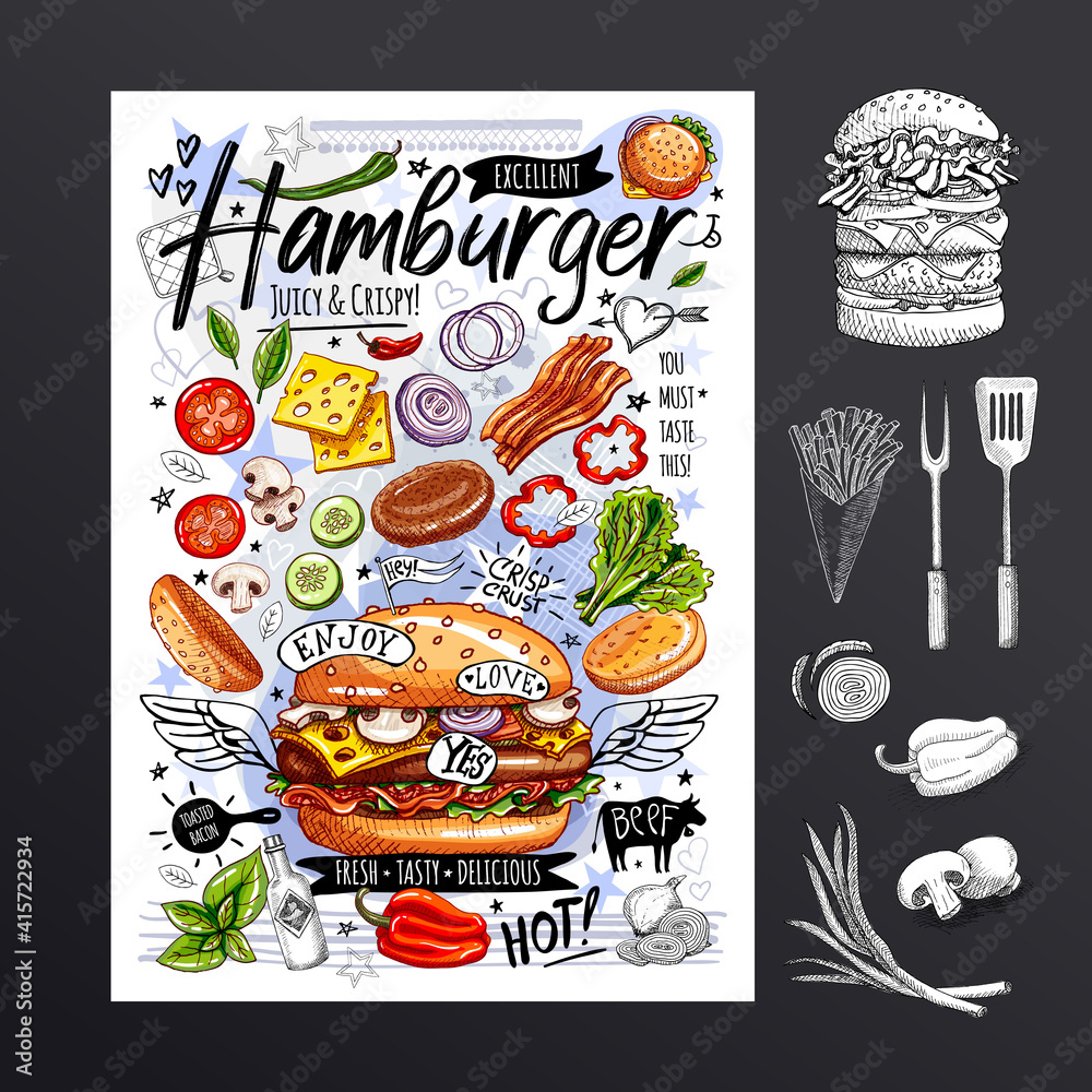 Food poster, ad, fast food, ingredients, menu, burger. Sliced veggies ...