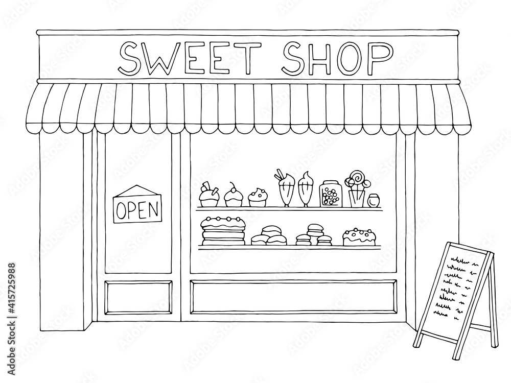 Sweet shop exterior confectionery store graphic black white sketch ...
