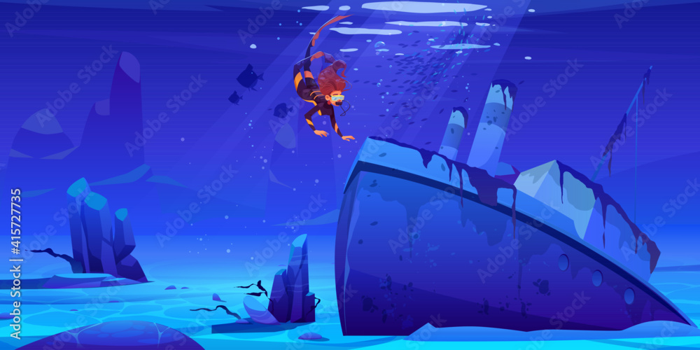 Scuba diver explore sunken ship on sea bottom. Woman floating above ...