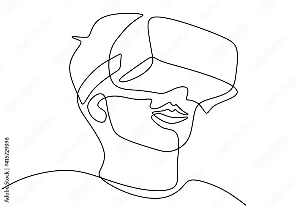 Young man wearing VR glasses one continuous line drawing. A young man ...
