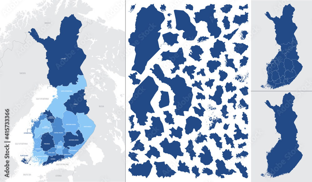 Detailed, vector, blue map of Finland with administrative divisions ...