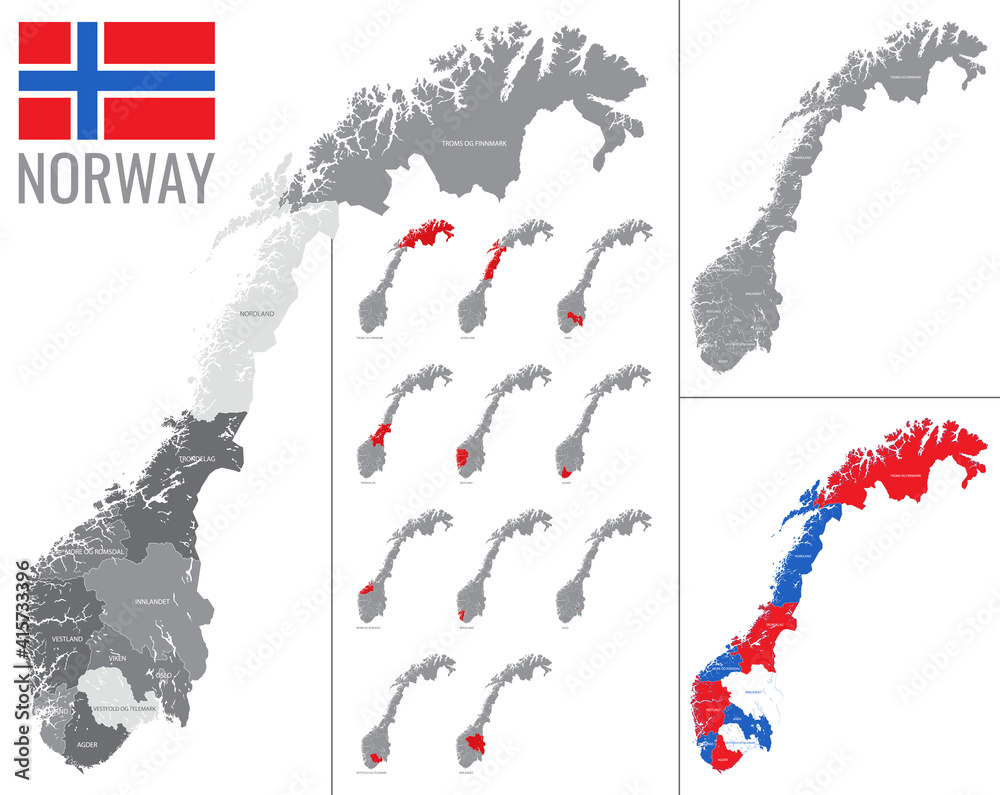 Detailed vector map of Norway regions with country flag Stock Vector ...