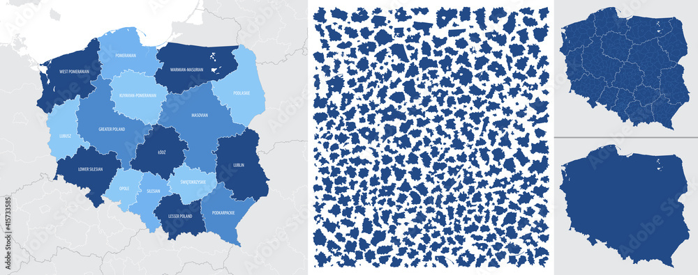 Detailed, vector, blue map of Poland with administrative divisions into ...
