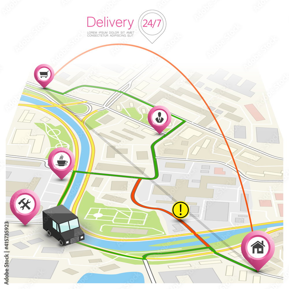 City map delivery navigation route, point markers delivery van, drawing ...