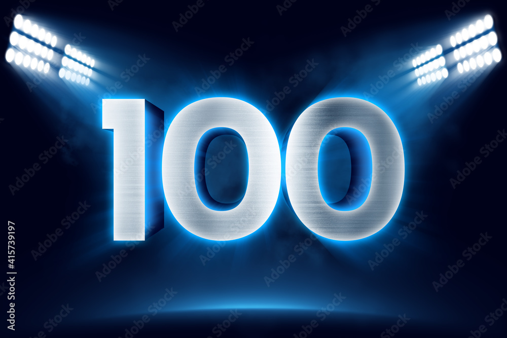 Number 100 background, 3D 100 object made of metal, illuminated with ...