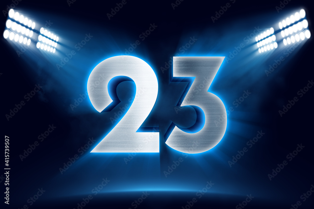 Number 23 background, 3D 23 object made of metal, illuminated with ...