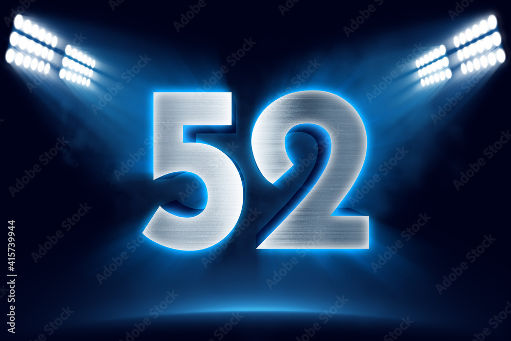 Number 52 background, 3D 52 object made of metal, illuminated with ...