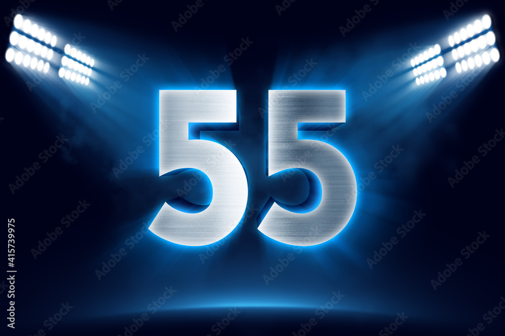 Number 55 background, 3D 55 object made of metal, illuminated with ...