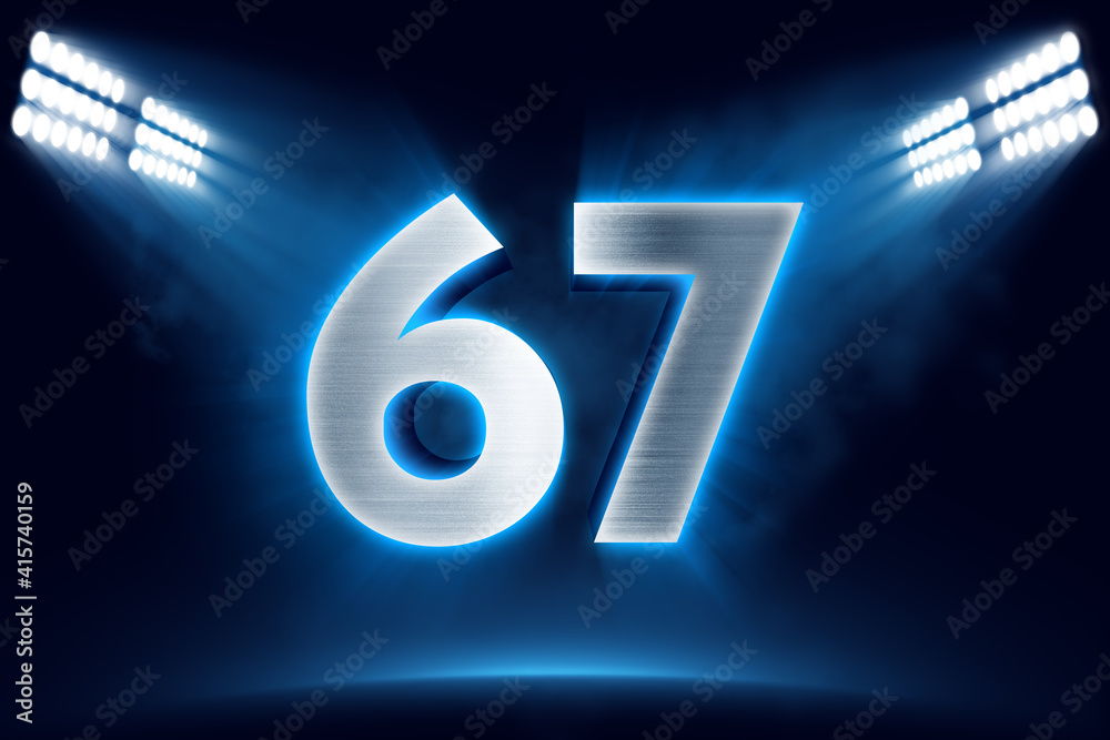 Number 67 background, 3D 67 object made of metal, illuminated with ...