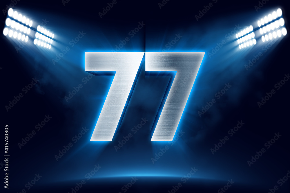 Number 77 background, 3D 77 object made of metal, illuminated with ...