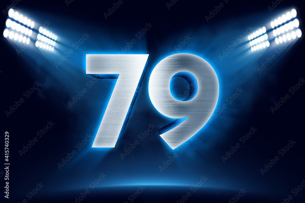 Number 79 background, 3D 79 object made of metal, illuminated with ...