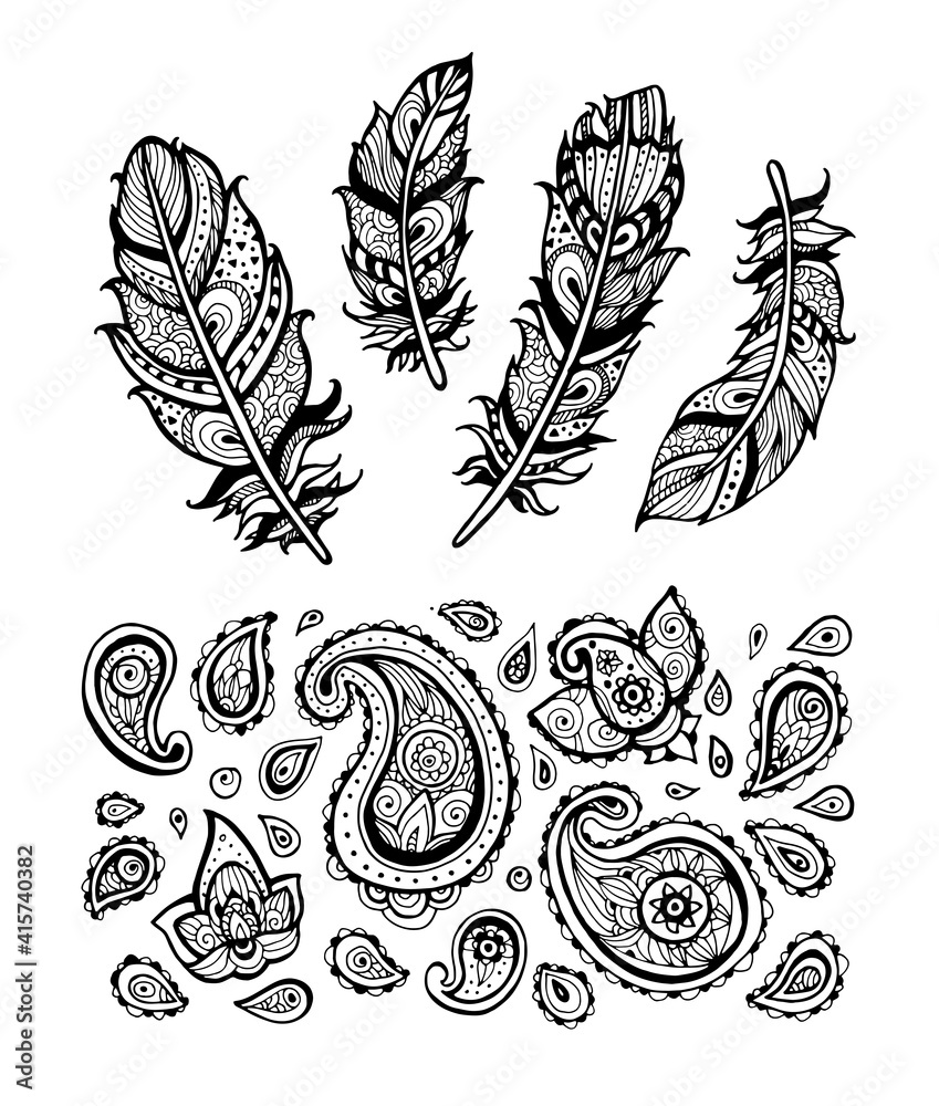 Hand drawn paisley ornament elements. Set collection. Vectot detailing ...