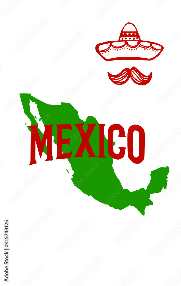 Vector illustration of Mexico with red inscription Mexico. Mexican hat ...