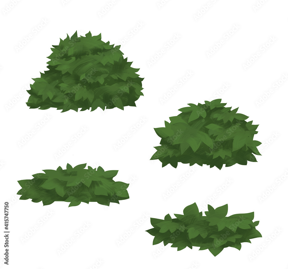 Collection of hand drawn green forest bush 2d set illustrations ...