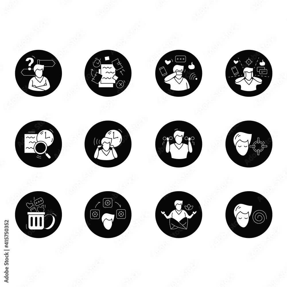 Focus mind flat icons set. Signs collection for attention control, goal ...