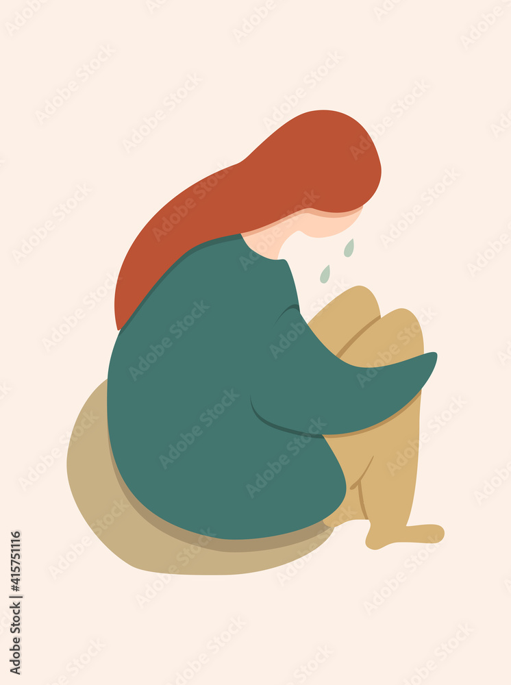 vector hand drawn illustration of a girl sitting hugging her knees and ...