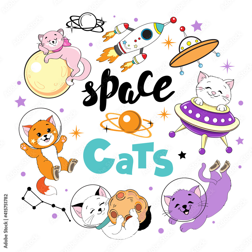 Fashion patch badges with cats from space. Astronauts, planets, rockets ...