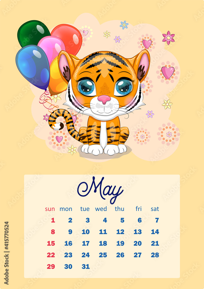 Cute Tiger Wall Calendar Template for 2022, Year of the Tiger, Chinese ...