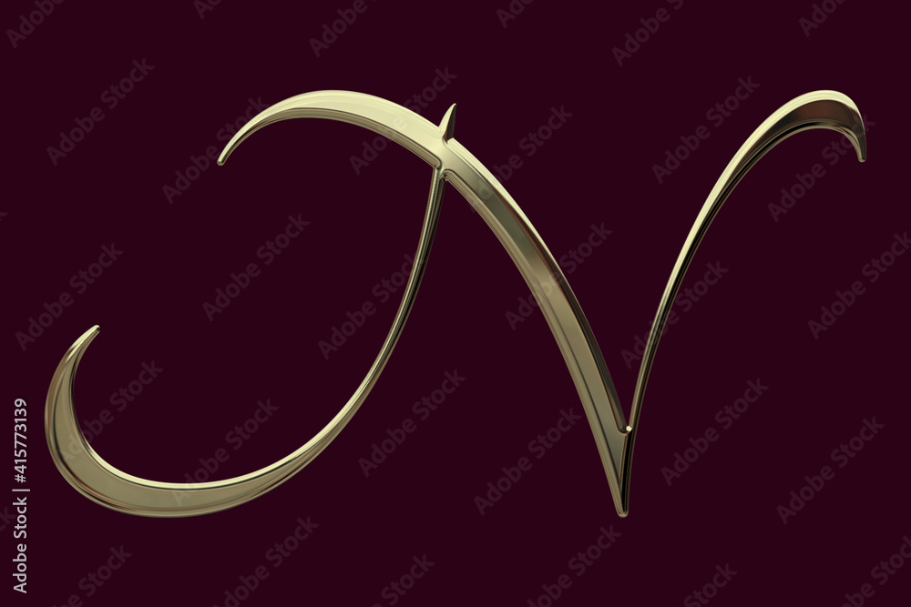 Alphabet letter N with metallic gold texture, 3D rendering, golden abc ...