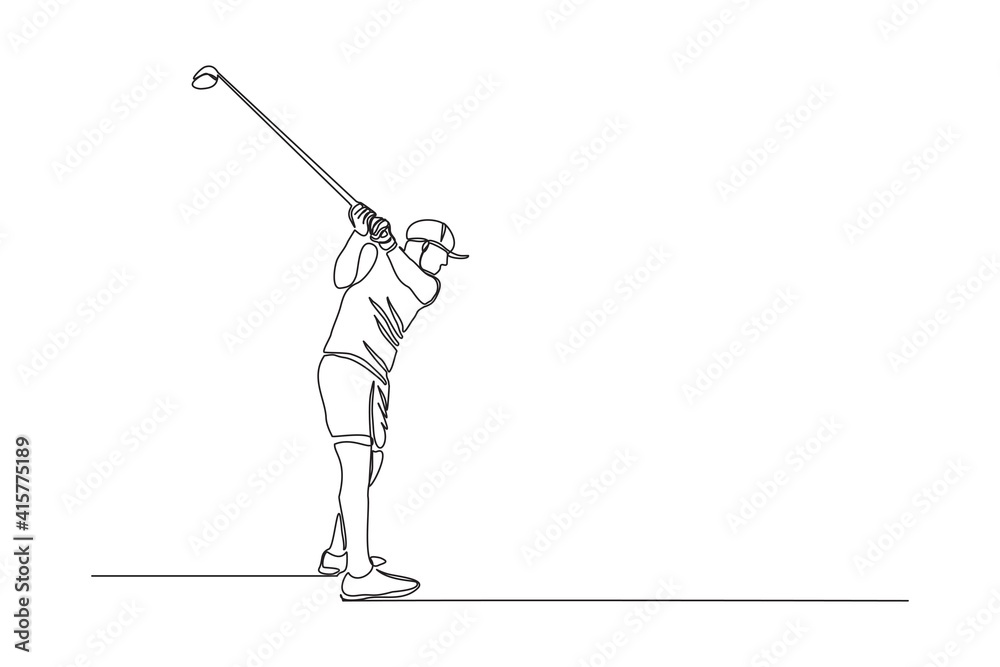 Continuous line drawing of young man playing golf. Single one line art ...
