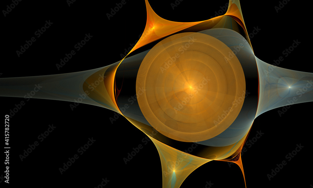 Weird abstract yellow golden substance in dark space. Sphere and ...
