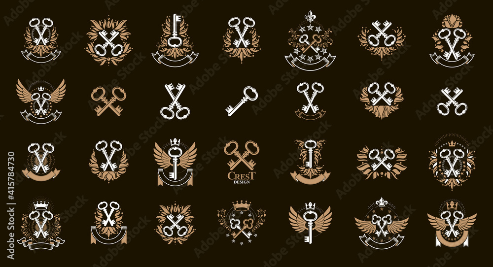 Vintage keys vector logos or emblems, heraldic design elements big set ...