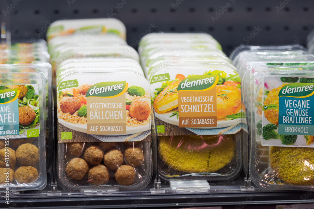 Regensburg, Germany - 2021 02 05: Refrigerated section with packs of ...