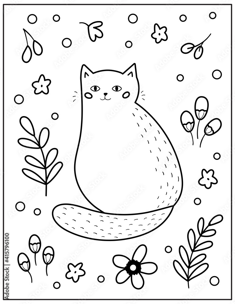 Spring coloring page for children. Cute cartoon cat with flowers and ...