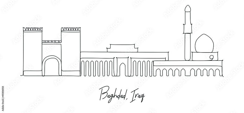 Baghdad city of the Iraq landmark skyline - Continuous one line drawing ...