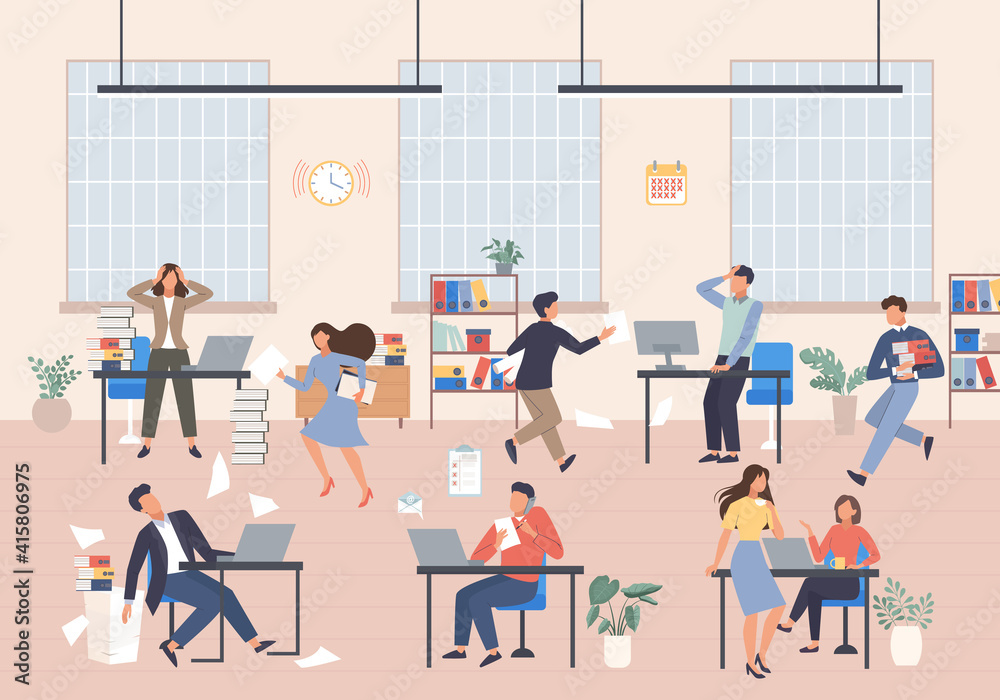 Stressful working day in office illustration. Running male and female ...