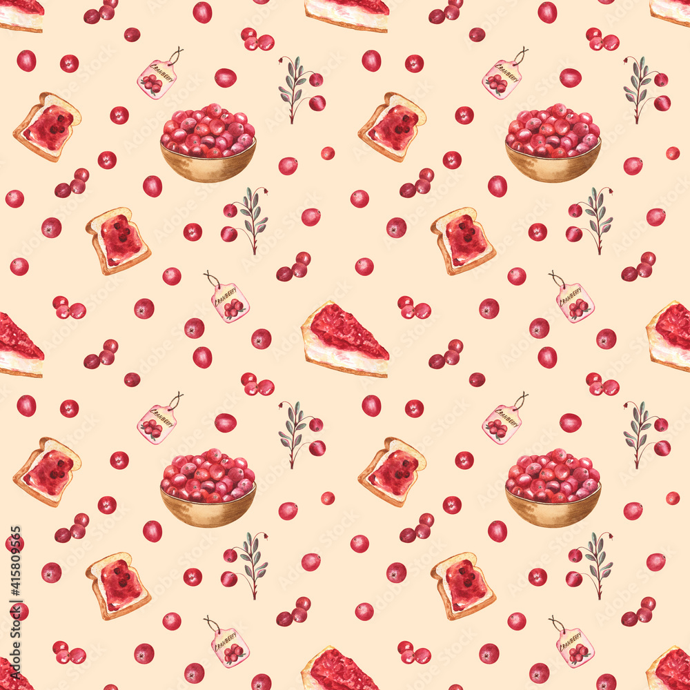 Seamless pattern with cranberries and cranberry-flavored food on light ...