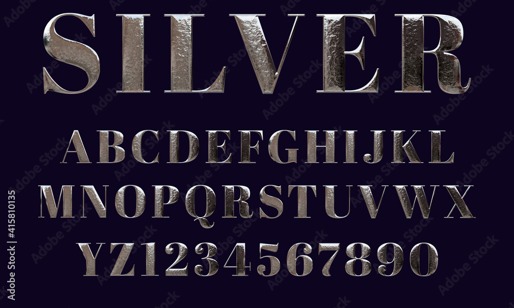 Alphabet letter set with glossy metal texture (chrome, steel, silver ...