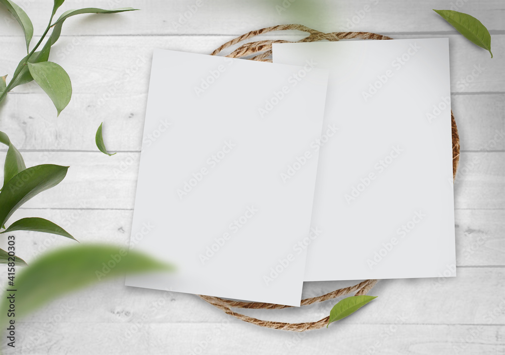 Mockup Custom Paper Texture Wedding Invitations with Rope and Leaf's ...