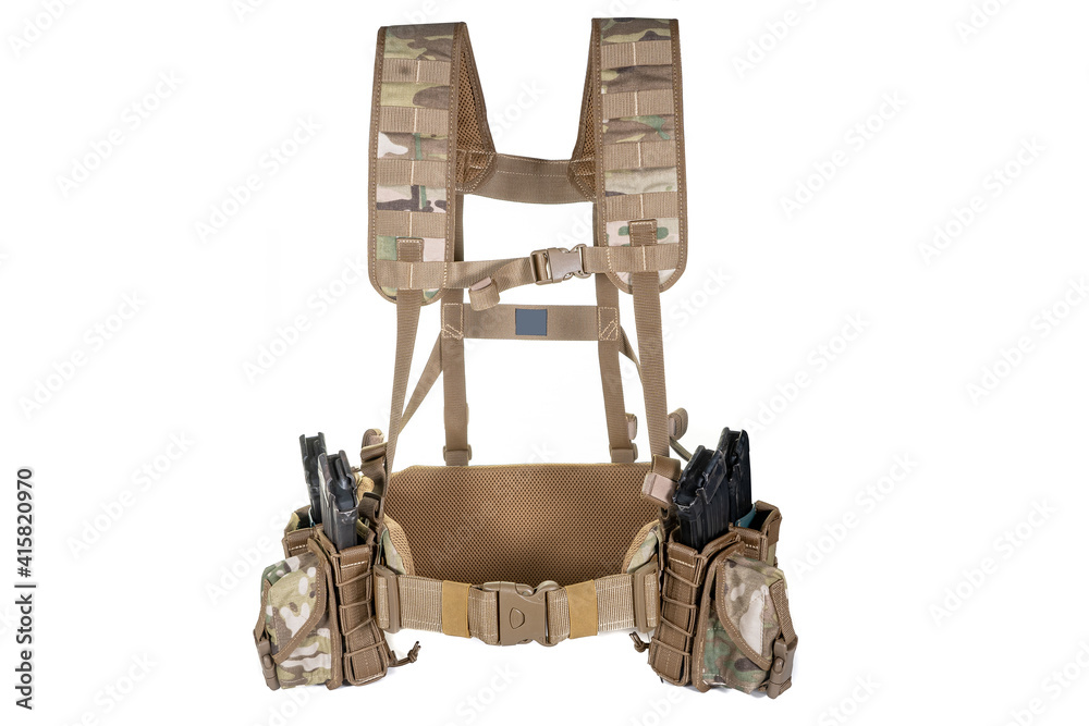 Army equipment on white background. Straps jacket, Modern army combat ...