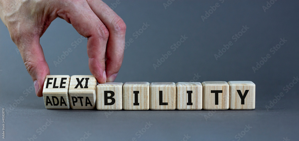Flexibility and adaptability symbol. Businessman turns wooden cubes and ...