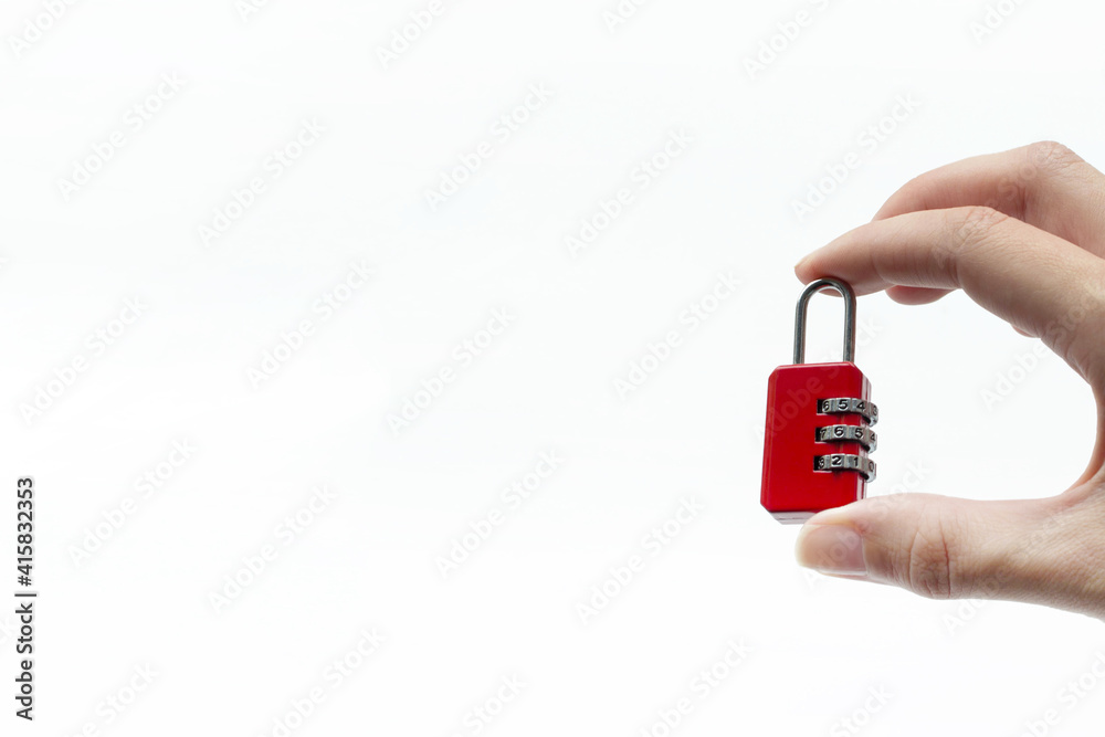 Small Red Lock In Hand on White Background. Hand holding small ...