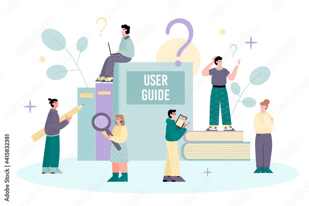 User guide banner with tiny people characters among documents, cartoon ...