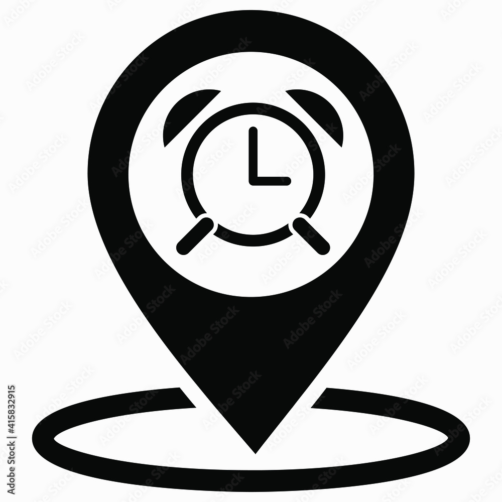 Clock location icon. Real-time geotag. Travel time. Traffic jam. Vector ...
