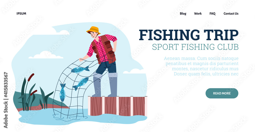 Happy fisherman pulls net with fish catch. Design for website of sport ...