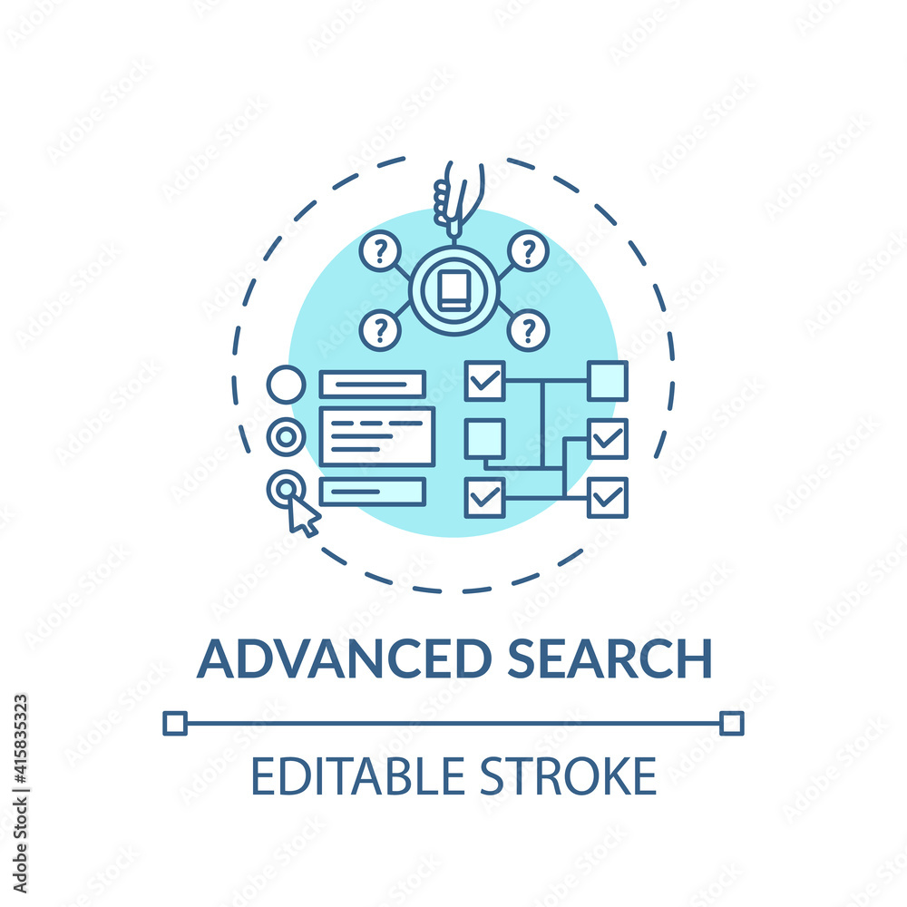 Advanced search concept icon. Online library search types idea thin ...
