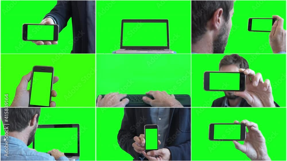 Vidéo Stock Man Using Green Screen Devices, Split Screen. Split screen ...