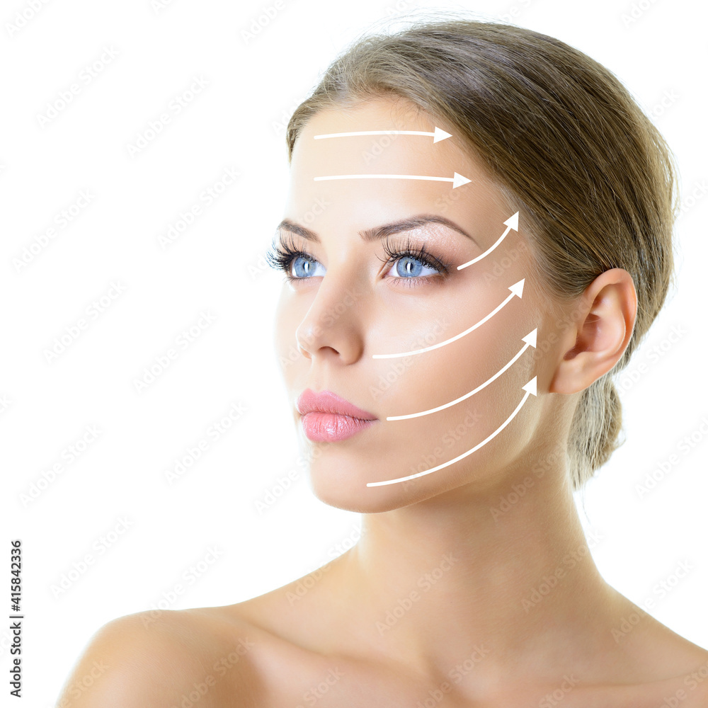 Grid of lines showing facial lifting effect on skin of beautiful young ...