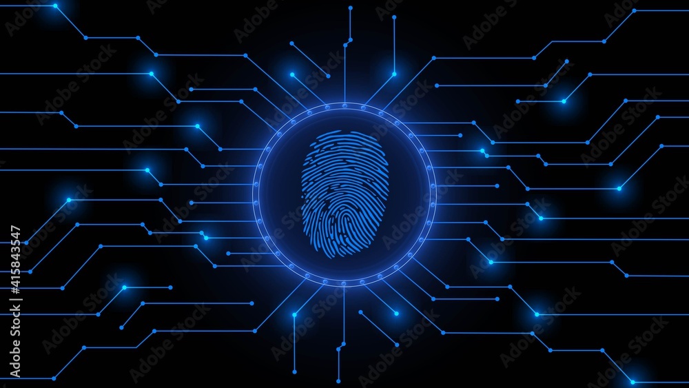 Fingerprint logo centered into information connecting lines on black ...