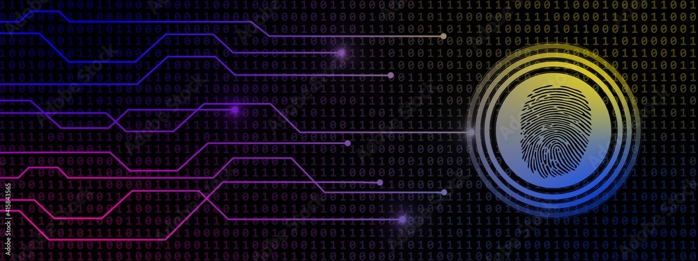 Fingerprint logo with information connecting lines on binary code ...