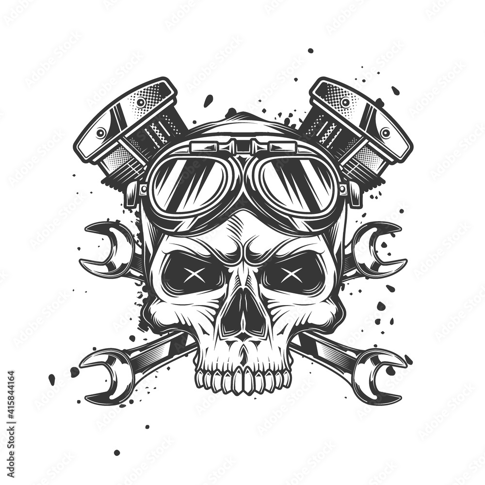Skull in motorcycle glasses on the background of wrenches and engine ...