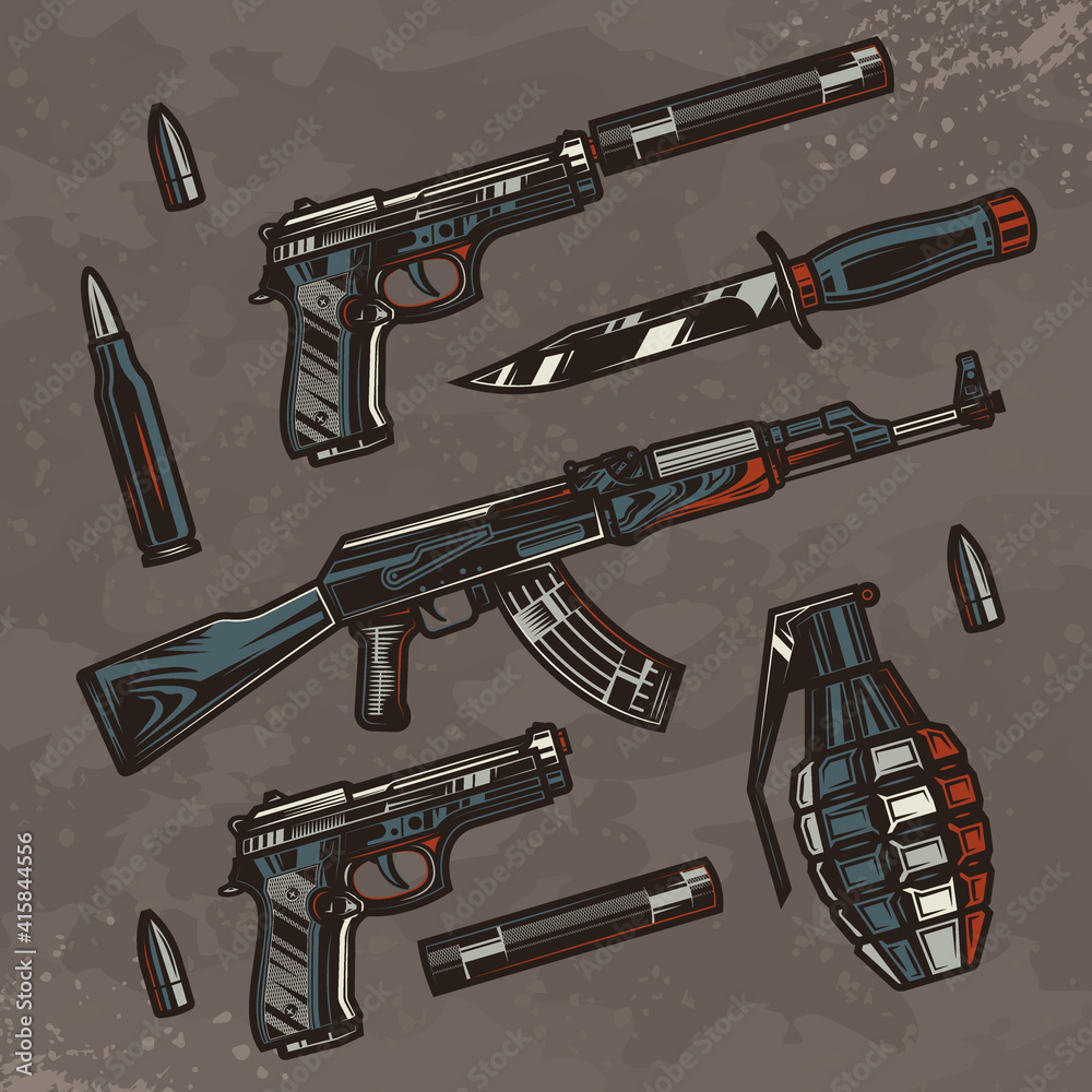 Original color vector military set in vintage style on camouflage ...