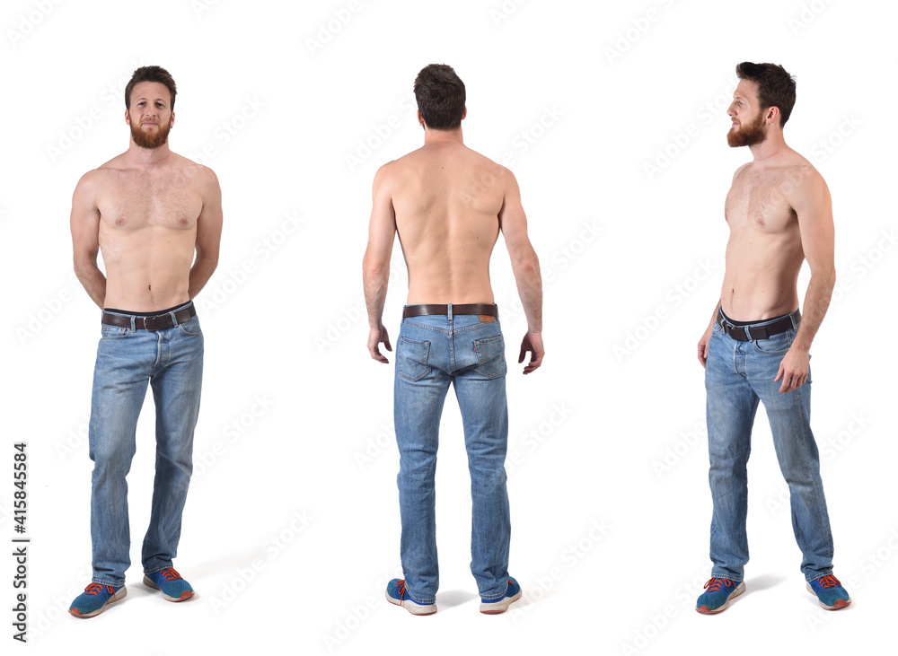 front, back and side view of a man shirtless and with blue jeans on ...