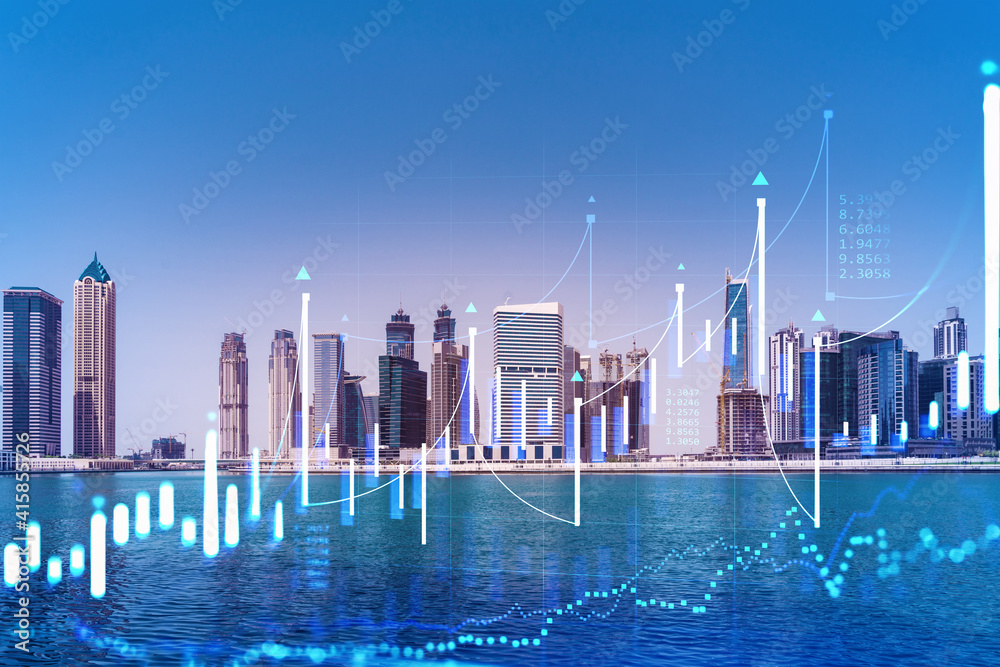 Skyscrapers of Dubai business downtown. International hub of trading ...