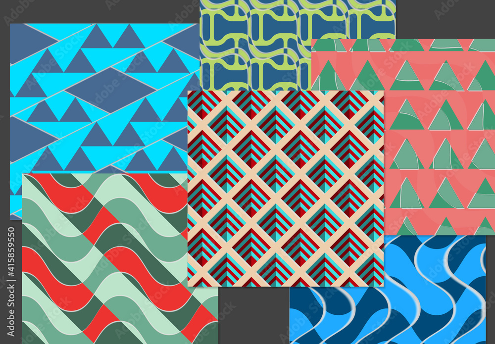 Seamless Pattern Set with Retro Colored Geometric Shapes and 3D Shadow ...