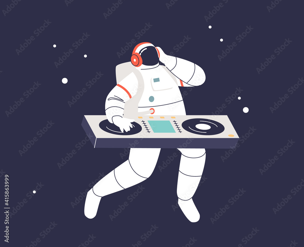 Astronaut dj dancing at turntable in space over galaxy and stars ...